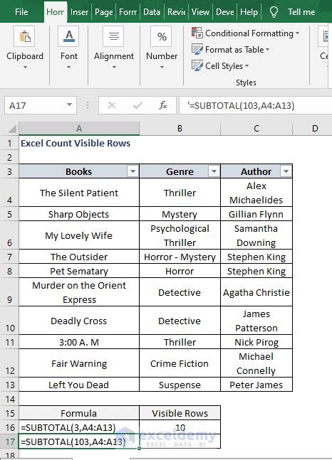 Excel Count Visible Rows Formula And Vba Code Exceldemy