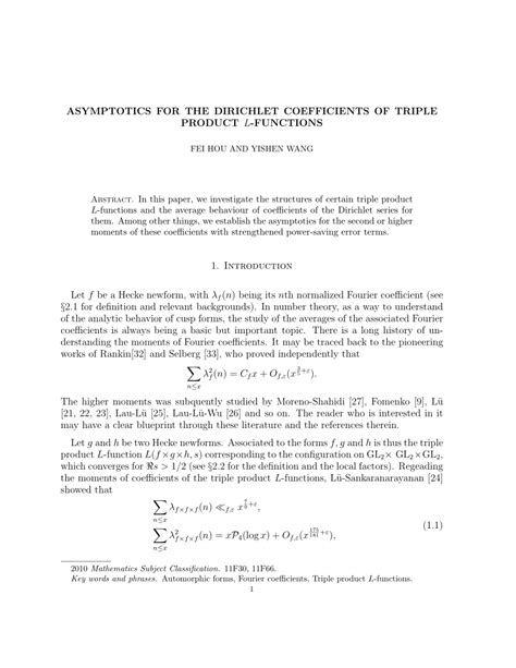 Pdf Asymptotics For The Dirichlet Coefficients Of Triple Product L Functions