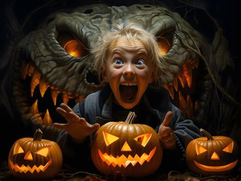 Premium Ai Image A Scared Girl A Halloween Pumpkin With A Face Full