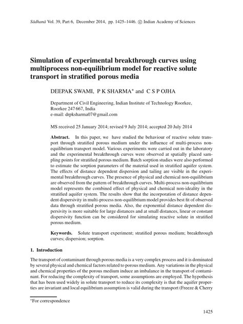 Pdf Simulation Of Experimental Breakthrough Curves Using Multiprocess Non Equilibrium Model