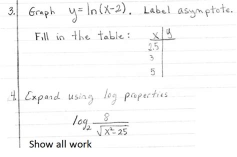 Get Answer Graph Y Ln X 2 Label Asymptote Fill In The Table Ly 2 5 3 Transtutors