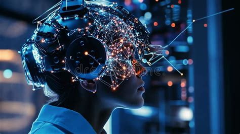 Woman Wearing A Futuristic Device With Glowing Neural Network Connections Stock Footage Video