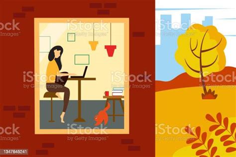 집에서 일하는 여성 프리랜서 또는 학생 반 집과 거리의 그림 플랫 스타일로 가을 일러스트 10월에 대한 스톡 벡터 아트 및 기타