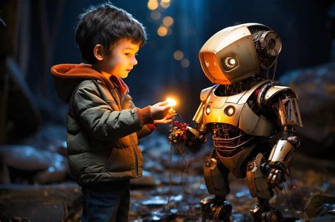 Premium Ai Image Two Little Robots Holding Hands