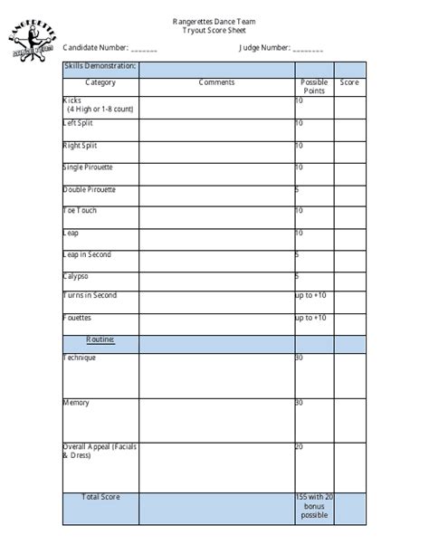 Dance Team Tryout Score Sheet Rangerettes Dance Team Download