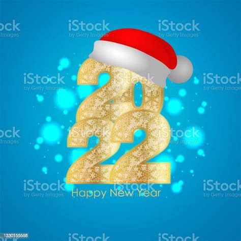 새해 복 많은 2022 메리 크리스마스 인사말 카드 파란색 배경에 빨간색 산타 모자와 눈송이 패턴황금 번호 벡터 일러스트레이션 12월에 대한 스톡 벡터 아트 및 기타 이미지