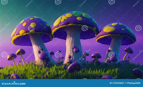 A Cluster Of Vibrant Mushrooms Perched Atop A Luxuriant Green Field
