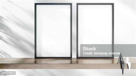 2개의 빈 큰 흰색 포스터 프레임 흰색 방 벽 장식 조각 햇빛 벽에 그림자 3d 렌더링 배경 0명에 대한 스톡 사진 및 기타