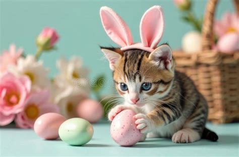 A Small Kitten Wearing A Tiny Bunny Ear Headband Curiously Pawing At A Decorated Easter Egg