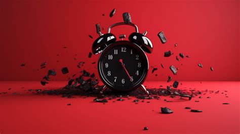 아날로그 시계가 빨간색 배경의 아스팔트 배경에 충돌하고 있습니다 빨간색 배경에 바닥에 떨어지는 검은 빈티지 알람 시계의 3d 렌더링 고화질 사진 사진 시계 배경