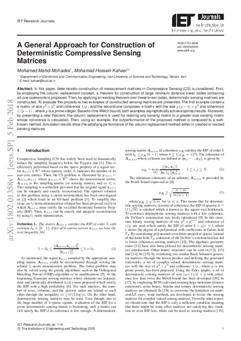 Pdf A General Approach For Construction Of Deterministic Compressive Sensing Matrices