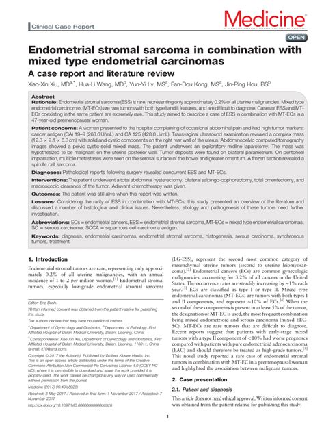 Pdf Endometrial Stromal Sarcoma In Combination With Mixed Type Endometrial Carcinomas A Case