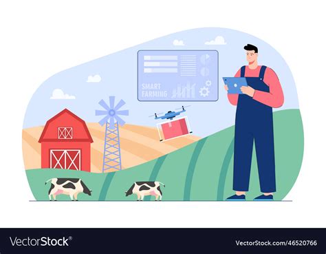 Farmer With Tablet Analyzing Data About Cows Vector Image