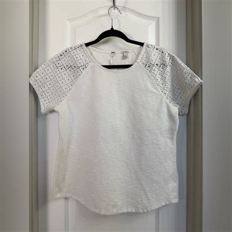 J Crew Tops Jcrew White Tshirt Wembroidered Sleeve Size M Poshmark