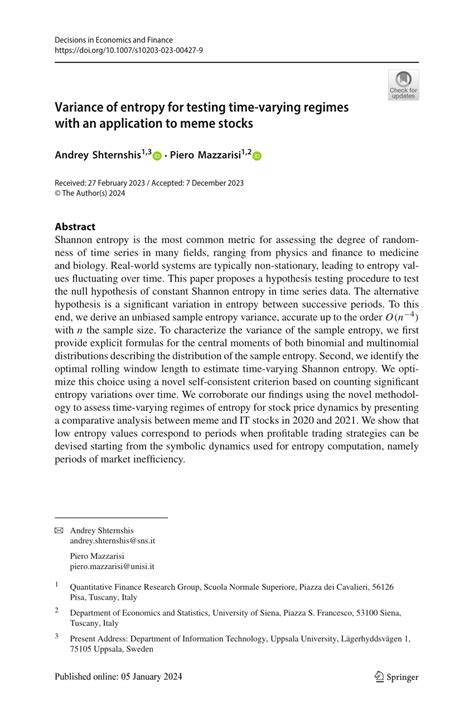 Pdf Variance Of Entropy For Testing Time Varying Regimes With An