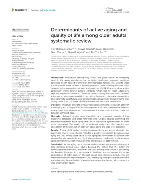 Determinants Of Active Aging And Quality Of Life Among Older Adults Pdf Ageing Systematic