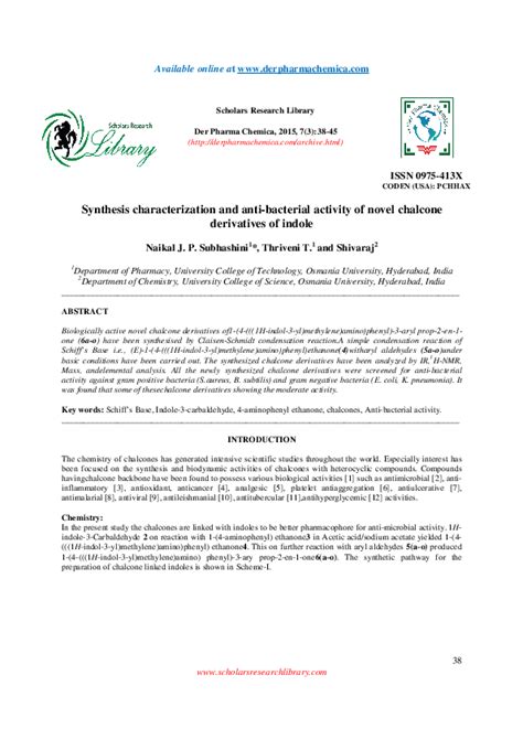Pdf Synthesis Characterization And Anti Bacterial Activity Of Novel Chalcone Derivatives Of Indole