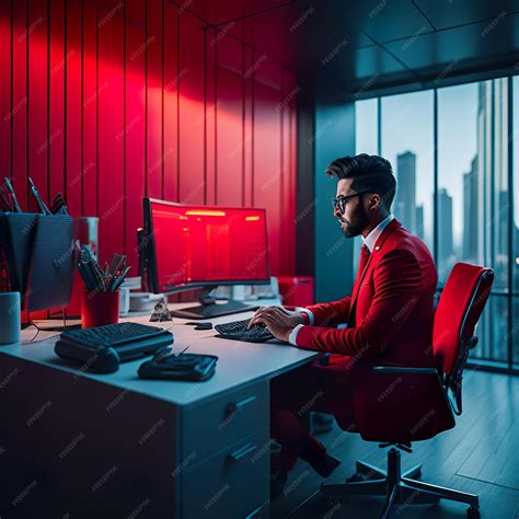 Premium Photo A Man Sitting At A Desk In Front Of A Window With A Red Curtain
