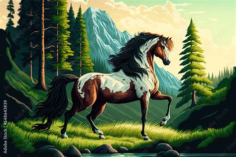 Wild Horse Rearing Up In Summer Forest 2d Illustrated Cartoon