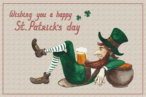 성 패 트 릭의 날 엽서 손으로 그려진 수채화 요정 황금의 냄비에 기대어 누워 맥주와 함께 꿈의 실현에 대한 스톡 벡터 아트 및 기타 이미지 꿈의 실현 17 3월