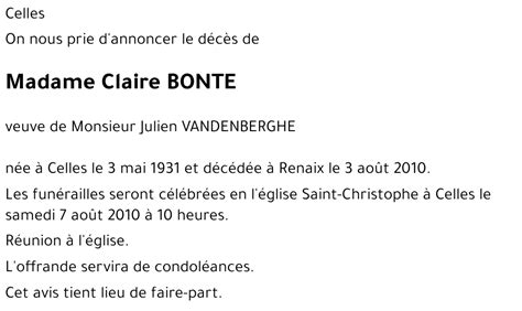 Avis De Décès De Claire Bonte Décédé Le 03 08 2010 à Ronse Annonce