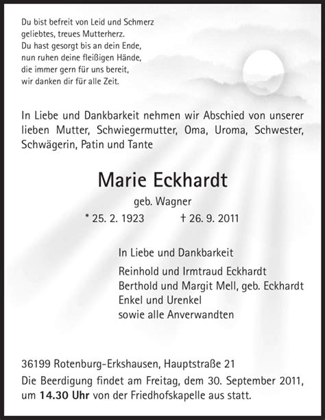 Traueranzeigen Von Marie Eckhardt Trauerhnade