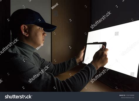 Side View Man Hacker Thief Sit Stock Photo Shutterstock