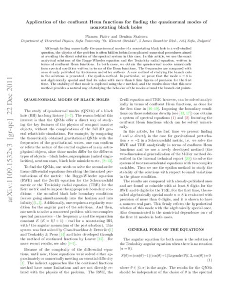 Pdf Application Of The Confluent Heun Functions For Finding The Qnms Of Non Rotating Black Hole