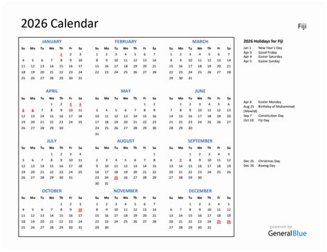 2026 Fiji Calendar With Holidays