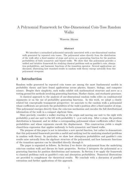 Polynomial Framework For 1d Coin Toss Random Walks