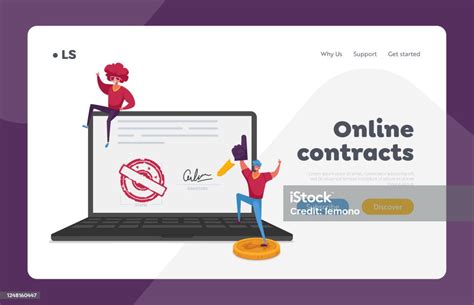 전자 계약 서명 방문 페이지 템플릿 작은 남성 캐릭터는 화면에 문서 디지털 서명 및 스탬프와 거대한 노트북에서 응원 전자 계약 만화 사람 벡터 일러스트 증명서에 대한 스톡