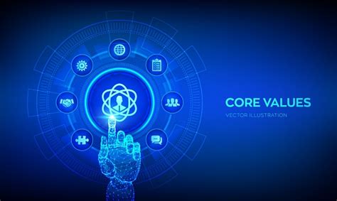 핵심 값입니다 가상 화면에서 책임 윤리 목표 회사 개념 핵심 값 인포그래픽 디지털 인터페이스를 터치 하는 로봇 손 벡터 그림입니다 고객에 대한 스톡 벡터 아트 및 기타