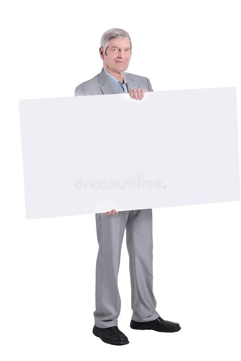 Serious Mature Businessman Showing Blank Placard Isolated On A White Stock Photo Image Of