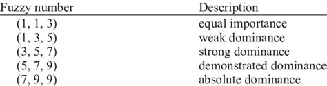 fuzzy scale used during pairwise comparison and corresponding