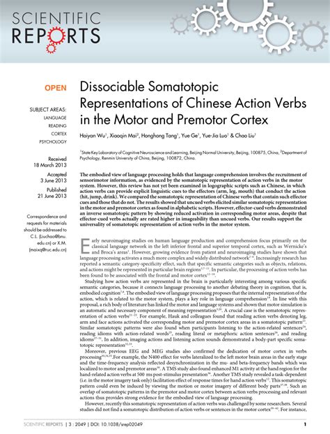 Pdf Dissociable Somatotopic Representations Of Chinese Action Verbs In The Motor And Premotor
