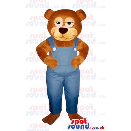 Brown Bear Plush Spotsound Mascot With Sleepy Eyes Wearing Blue