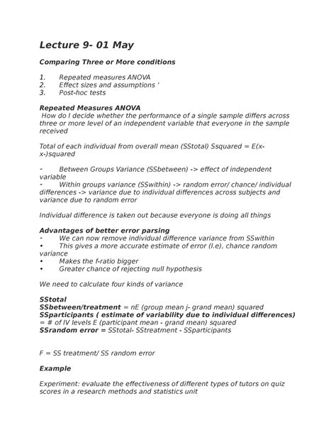 Lecture 9 Quantitative Psychology Lecture 9 01 May Comparing Three Or More Conditions