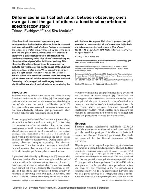 Pdf Differences In Cortical Activation Between Observing Ones Own Gait And The Gait Of Others