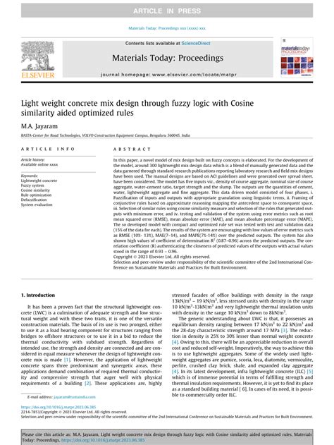 PDF Light Weight Concrete Mix Design Through Fuzzy Logic With Cosine Similarity Aided