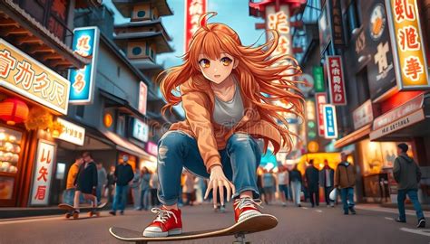 Anime Girl Skateboarding In A Vibrant Asian City At Dusk Stock