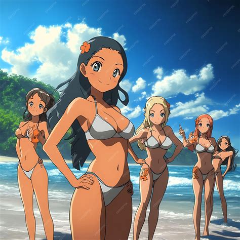 Anime Girls In Bikinis On A Beach Premium Ai Generated Image