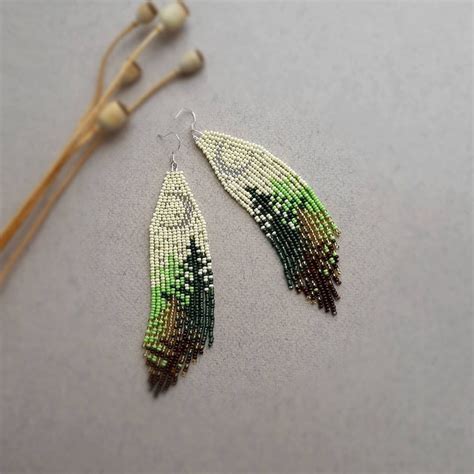 Landscape Beaded Earrings Shoulder Duster Earrings Green Brown Forest