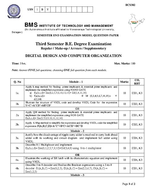 Bcs302 Ddco Model Qustion Paper Bcs Usn 1 B Y Bms Institute Of Technology And Management An