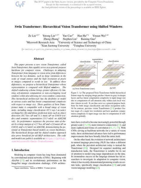 Liu Swin Transformer Hierarchical Vision Transformer Using Shifted Windows Iccv 2021 Paper Pdf