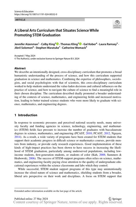 A Liberal Arts Curriculum That Situates Science While Promoting Stem Graduation