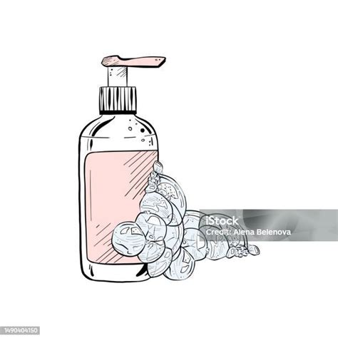 흰색 배경에 펌프와 거품이 있는 액체 비누 디스펜서의 벡터 그림 비눗방울이 있는 용기의 검은색 윤곽선 그래픽 그림 엽서 디자인 및 구성 장식 지문 포스터 스티커 기념품 문신