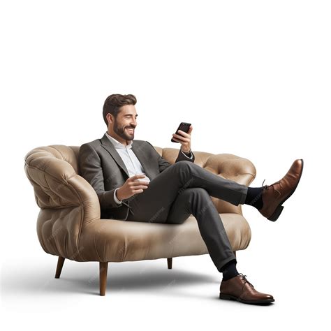 Photo Young Handsome Man Sitting On Sofa Using Mobile Phone Isolated On