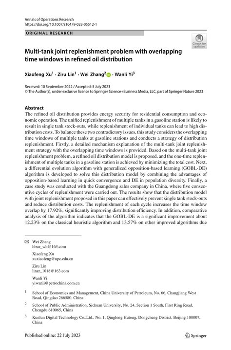 Pdf Multi Tank Joint Replenishment Problem With Overlapping Time Windows In Refined Oil