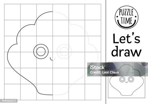 조개껍데기 그림을 완성합니다 바다 대칭 그리기 연습 워크시트 아래의 벡터 아이들을 위한 인쇄 가능한 흑백 활동 물 조개로 그림