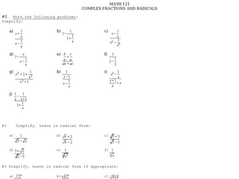 Math 121 Complex Fractions And Radicals Worksheet For 9th 11th Grade Lesson Planet